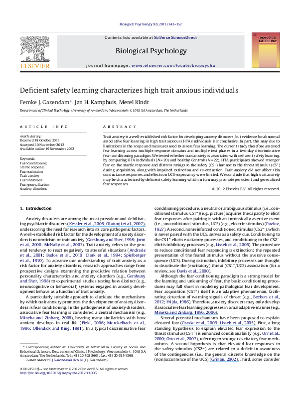 (PDF) Deficient safety learning characterizes high trait anxious ...