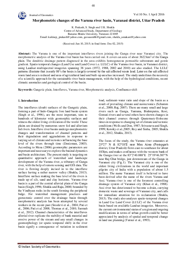 Morphometric changes of the Varuna river basin, Varanasi district ...