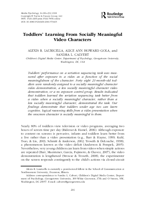 (PDF) Toddlers' Learning From Socially Meaningful Video Characters ...