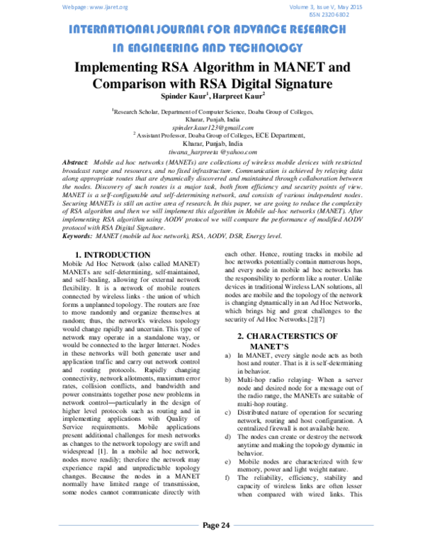 (PDF) Implementing RSA Algorithm in MANET and Comparison with RSA Digital Signature