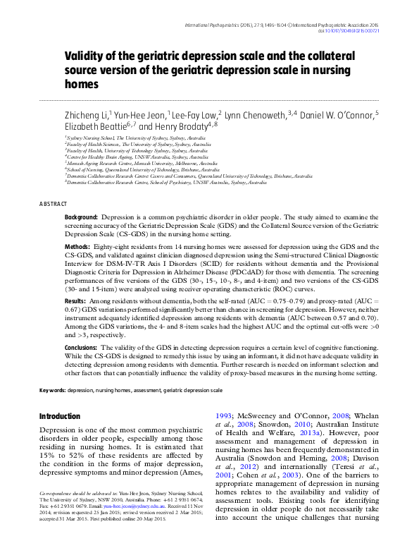 (PDF) VALIDITY OF THE GERIATRIC DEPRESSION SCALE AND THE COLLATERAL ...