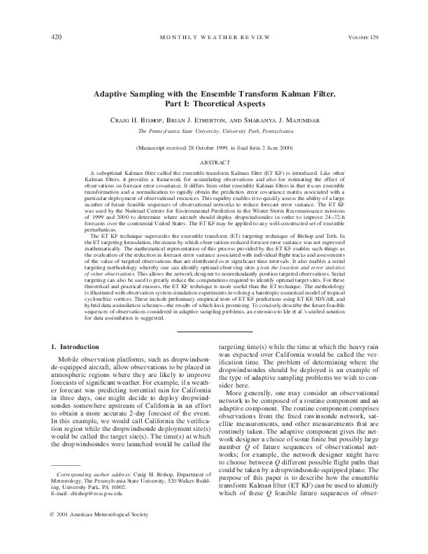 Pdf Adaptive Sampling With The Ensemble Transform Kalman Filter