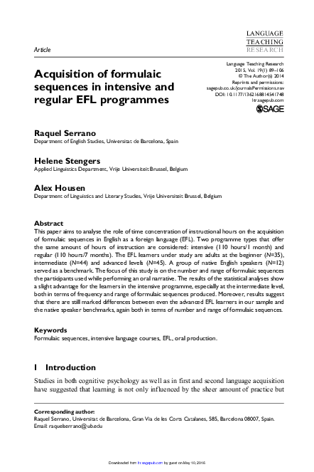 (PDF) Acquisition of formulaic sequences in intensive and regular EFL programmes