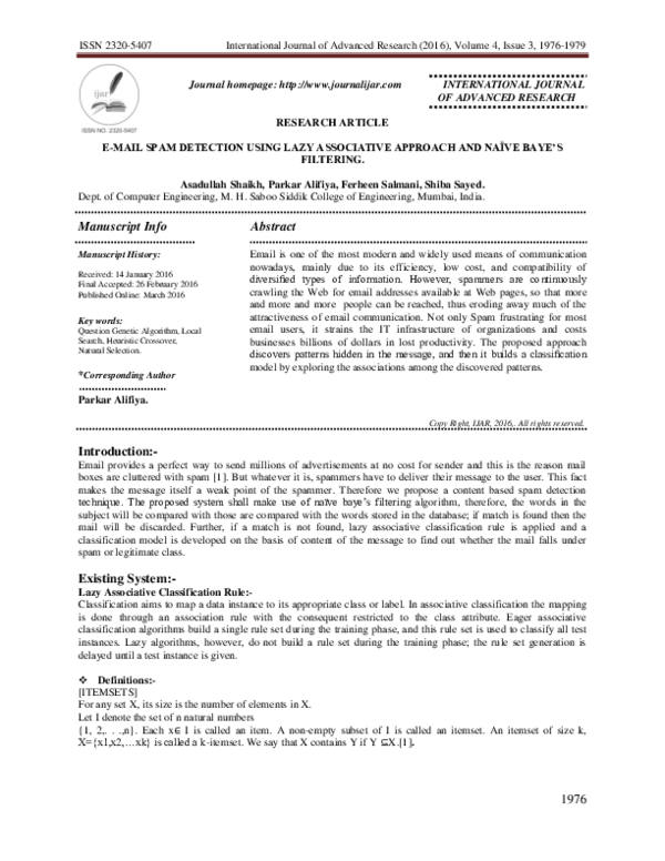 Pdf E Mail Spam Detection Using Lazy Associative Approach And NaÏve