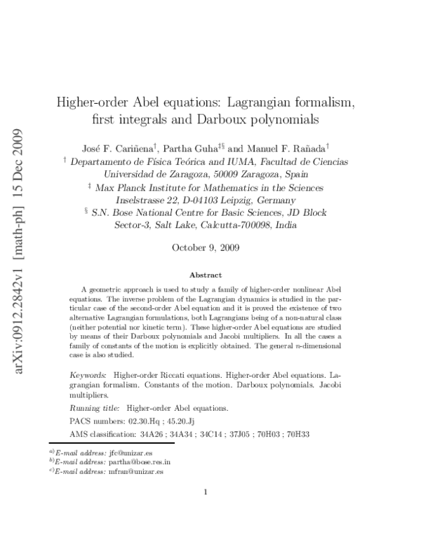 Pdf Higher Order Abel Equations Lagrangian Formalism First Integrals And Darboux Polynomials