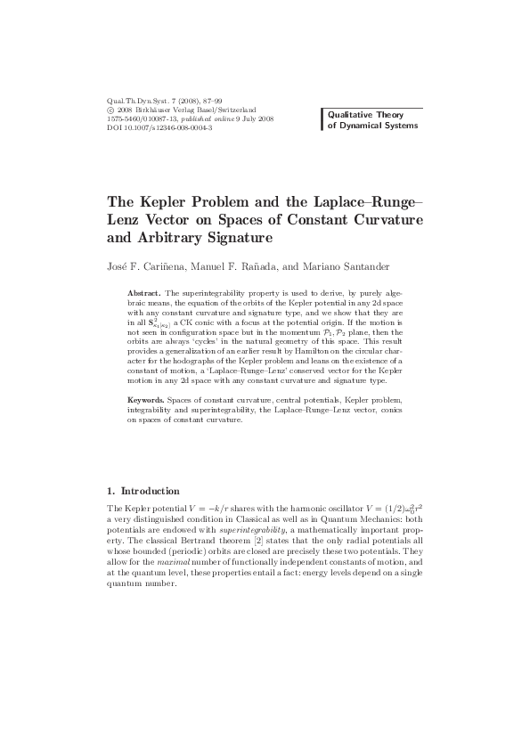(PDF) The Kepler Problem and the Laplace–Runge–Lenz Vector on Spaces of ...