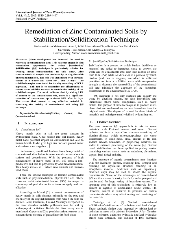 (PDF) Remediation of Zinc Contaminated Soils by Stabilization/Solidification Technique