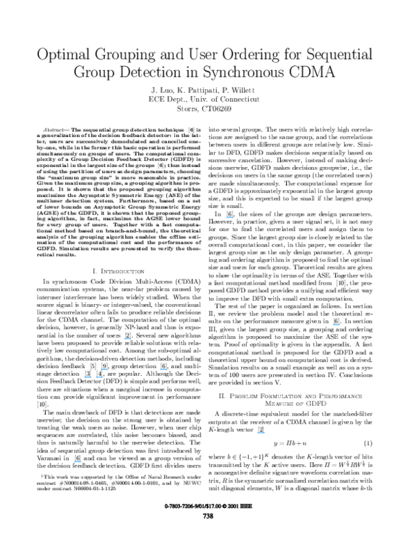 (PDF) Optimal grouping and user ordering for sequential group detection in synchronous CDMA