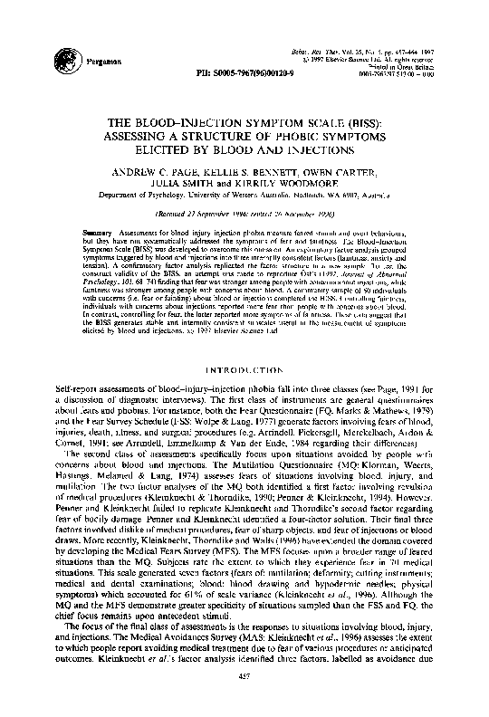 (PDF) The Blood-Injection Symptom Scale (BISS): Assessing a structure ...