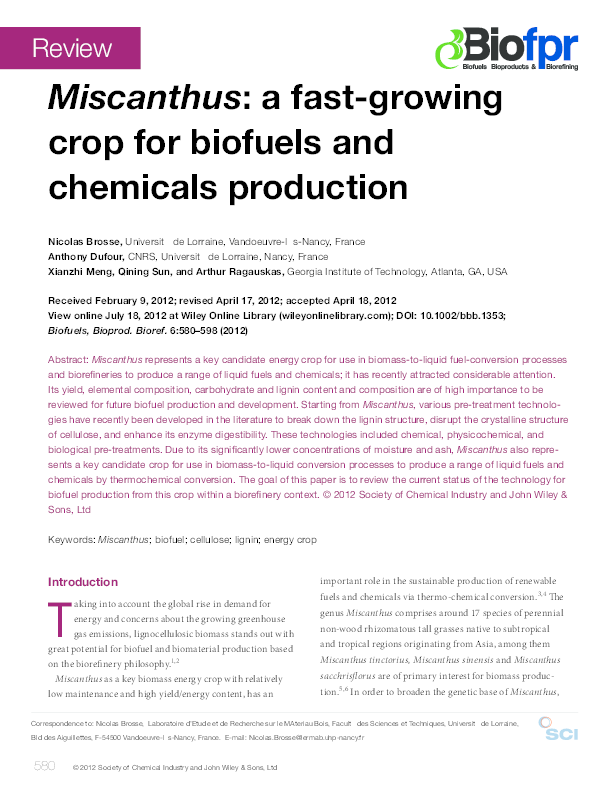 (PDF) Miscanthus: a fast-growing crop for biofuels and chemicals production