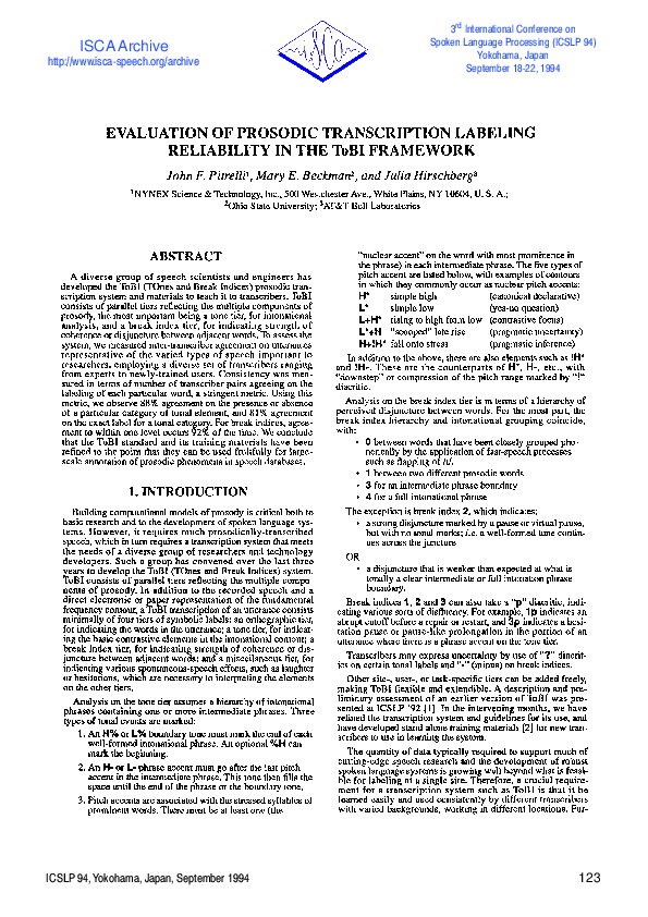 Pdf Evaluation Of Prosodic Transcription Labeling Reliability In The Tobi Framework