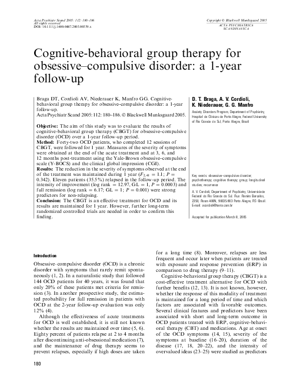 (PDF) Cognitive-behavioral group therapy for obsessive-compulsive disorder: a 1-year follow-up