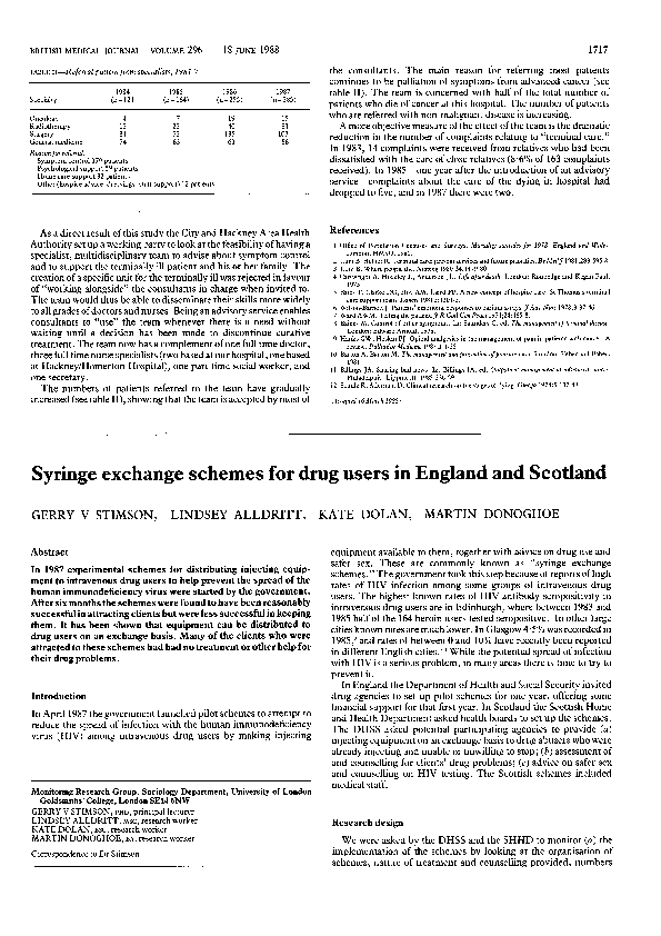 (PDF) Syringe exchange schemes for drug users in England and Scotland