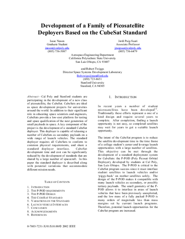 (PDF) Development of a family of picosatellite deployers based on the ...