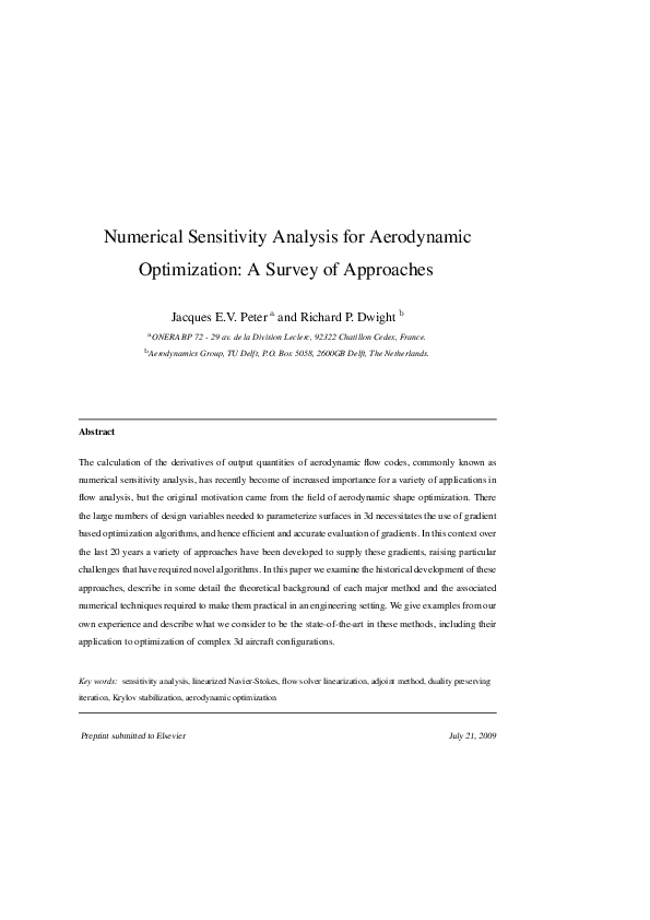 Pdf Numerical Sensitivity Analysis For Aerodynamic Optimization A Survey Of Approaches