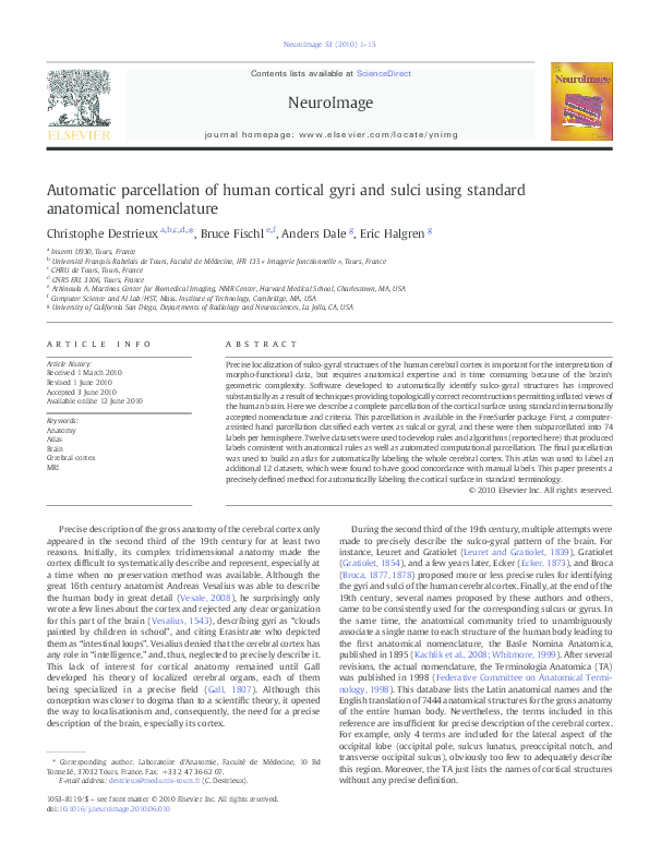 (PDF) Automatic parcellation of human cortical gyri and sulci using standard anatomical nomenclature
