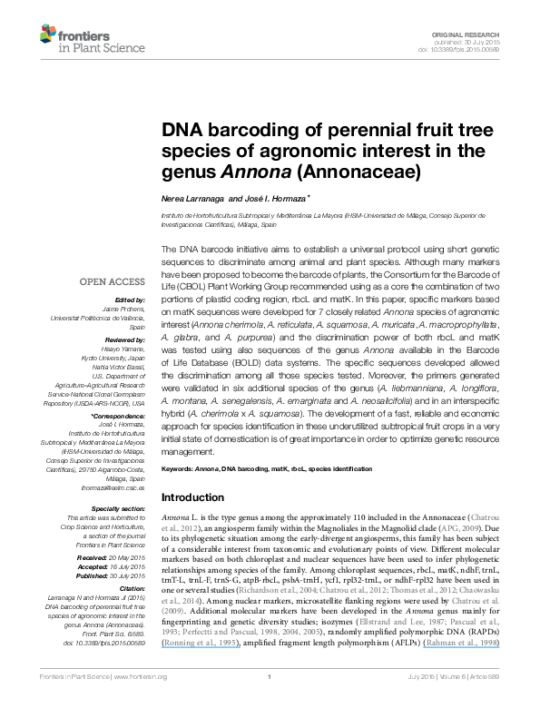 (PDF) DNA barcoding of perennial fruit tree species of agronomic ...