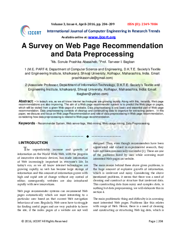(PDF) A Survey on Web Page Recommendation and Data Preprocessing