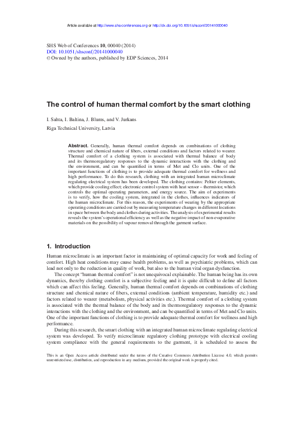 (PDF) The control of human thermal comfort by the smart clothing