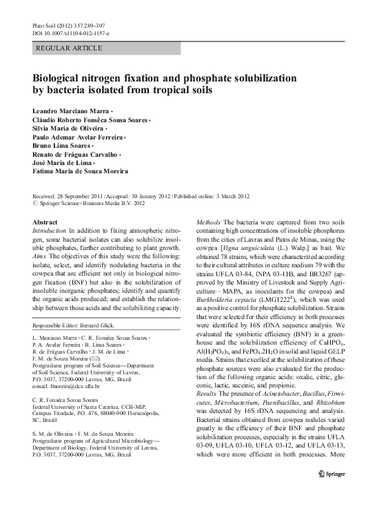 (PDF) Biological nitrogen fixation and phosphate solubilization by bacteria isolated from ...