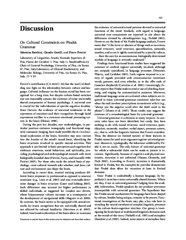 (PDF) On Cultural Constraints on Piraha Grammar