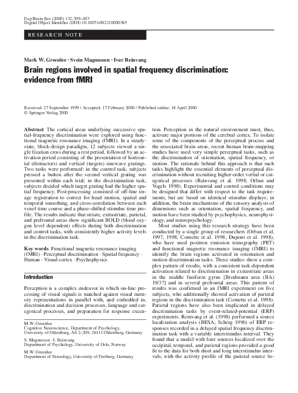 (PDF) Brain regions involved in spatial frequency discrimination ...