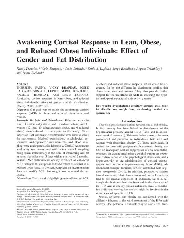 (PDF) Awakening Cortisol Response in Lean, Obese, and Reduced Obese ...
