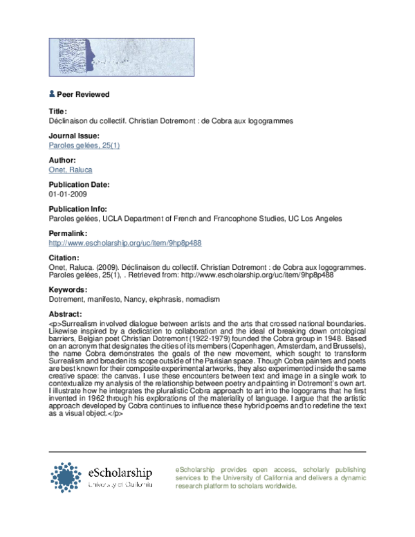 (PDF) Déclinaison du collectif. Christian Dotremont : de Cobra aux ...
