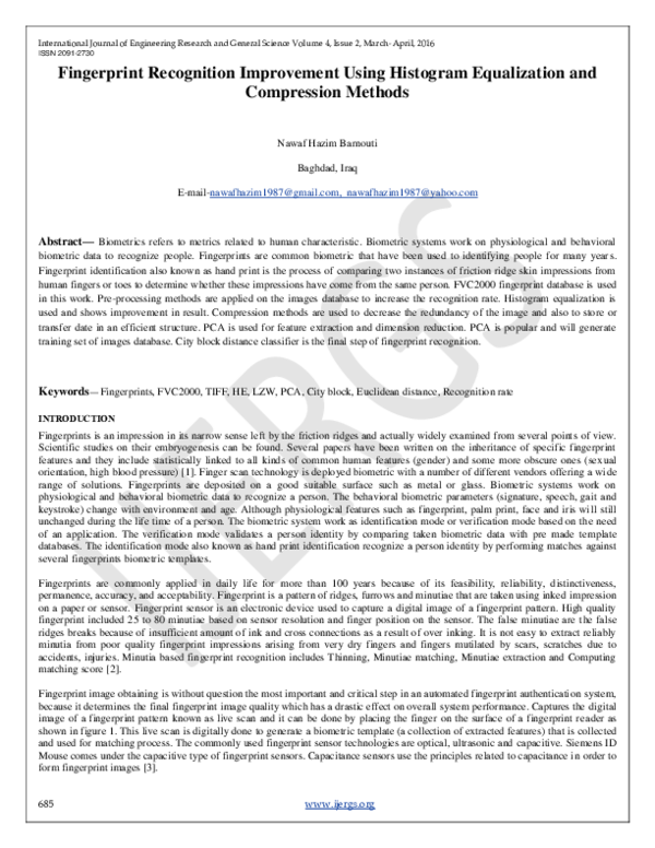 (PDF) Fingerprint Recognition Improvement Using Histogram Equalization and Compression Methods