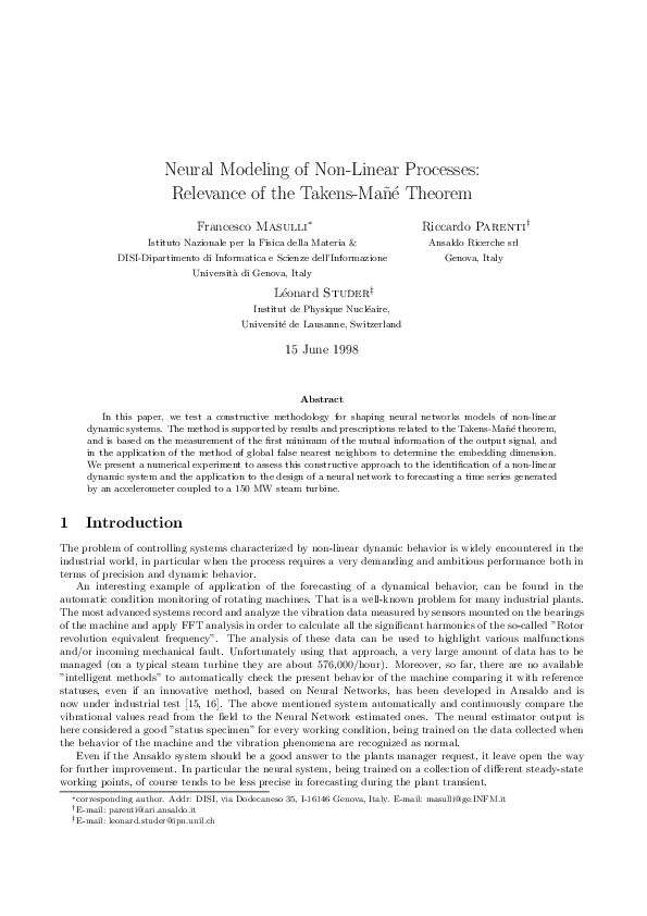 (PDF) Neural modeling of non-linear processes: Relevance of the Takens-Mané theorem