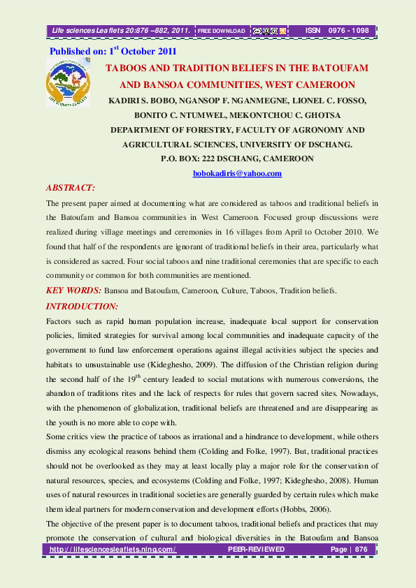 (PDF) Taboos and Tradition Beliefs in the Batoufam and Bansoa ...
