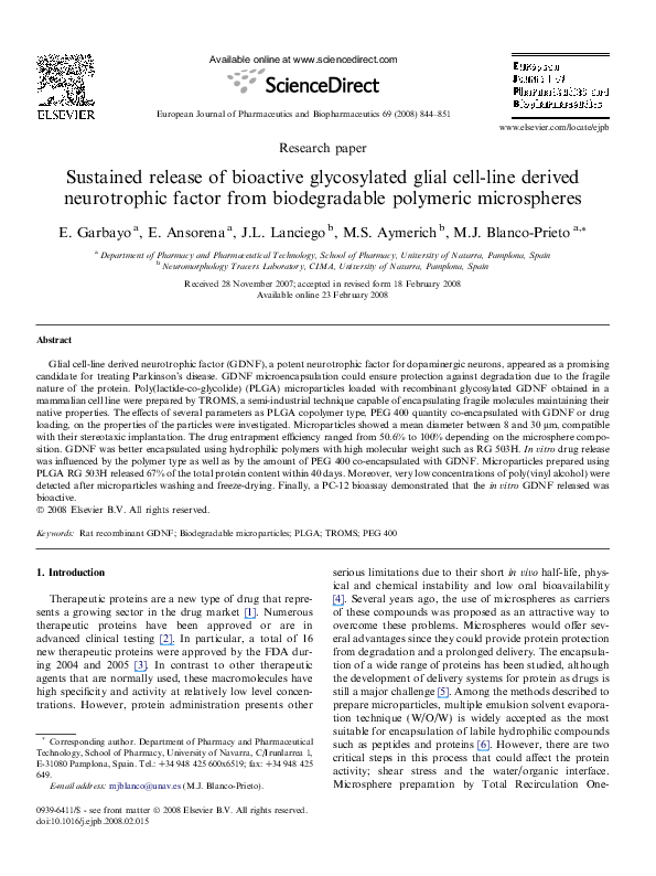 (PDF) Sustained release of bioactive glycosylated glial cell-line derived neurotrophic factor ...