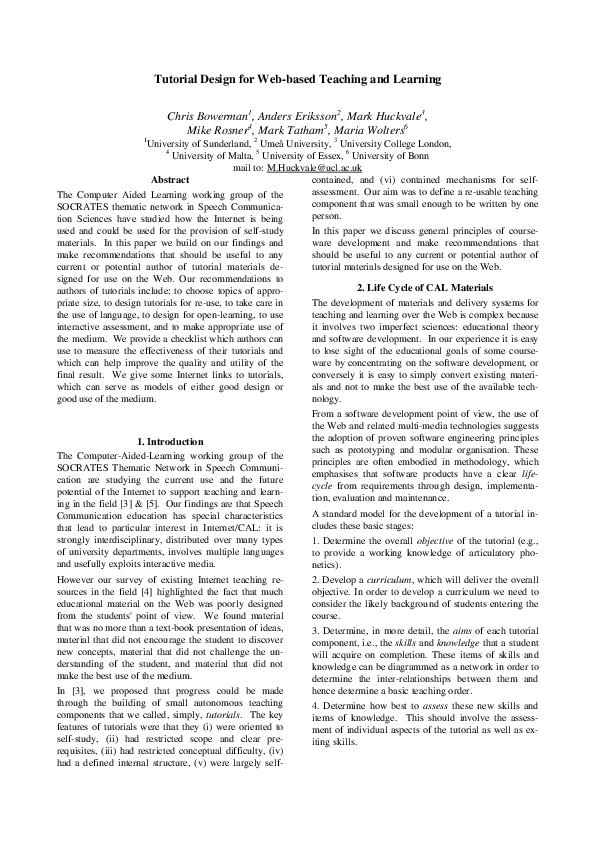 (PDF) Tutorial design for web-based teaching and learning