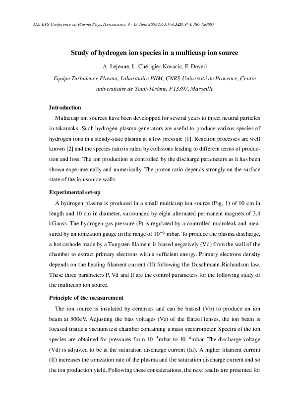 (PDF) Study of hydrogen ion species in a multicusp ion source