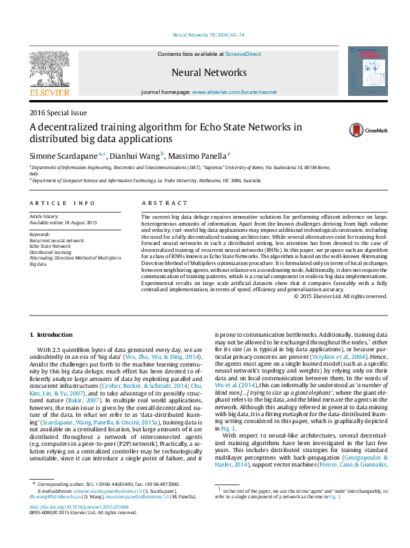 Pdf A Decentralized Training Algorithm For Echo State Networks In