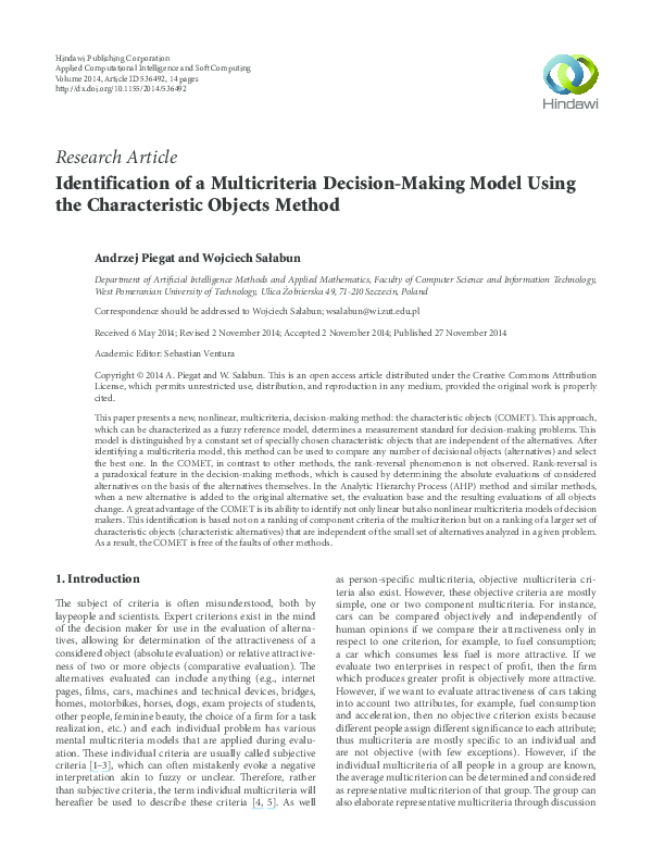 (PDF) Identification of a Multicriteria Decision-Making Model Using the Characteristic Objects ...