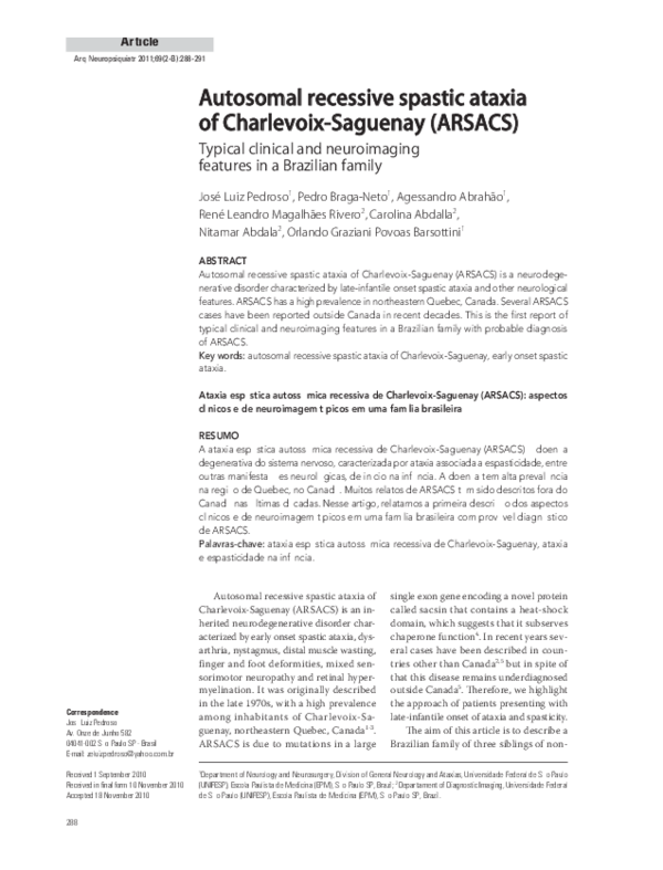(PDF) Autosomal recessive spastic ataxia of Charlevoix-Saguenay (ARSACS): typical clinical and ...