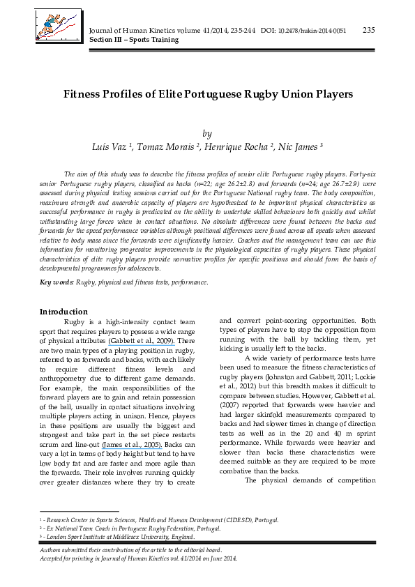 (PDF) Fitness Profiles of Elite Portuguese Rugby Union Players