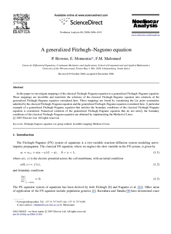 (PDF) A generalized Fitzhugh–Nagumo equation