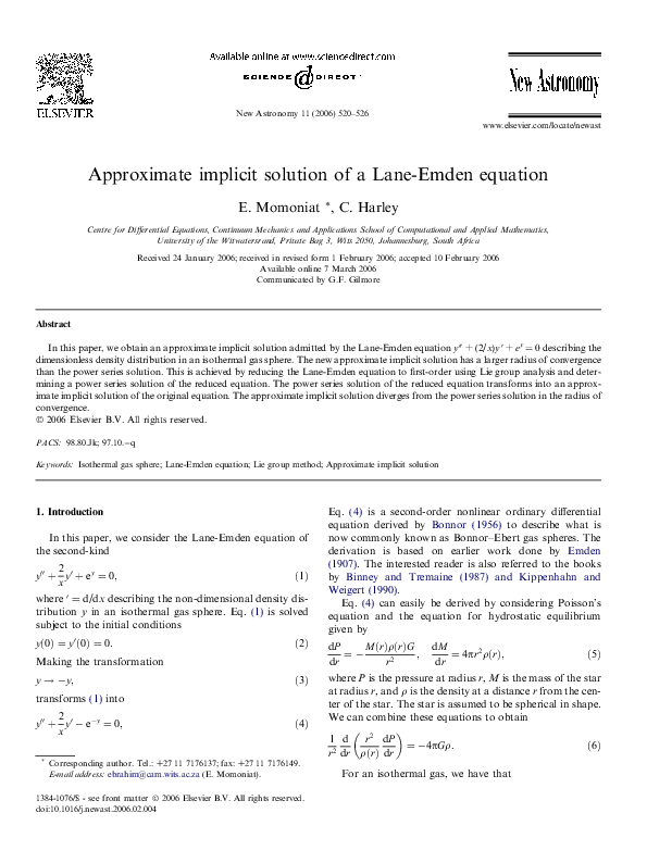 Pdf Approximate Implicit Solution Of A Lane Emden Equation