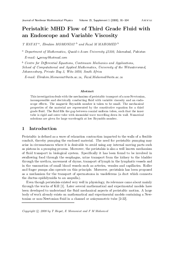 (PDF) Peristaltic MHD Flow of Third Grade Fluid with an Endoscope and Variable Viscosity