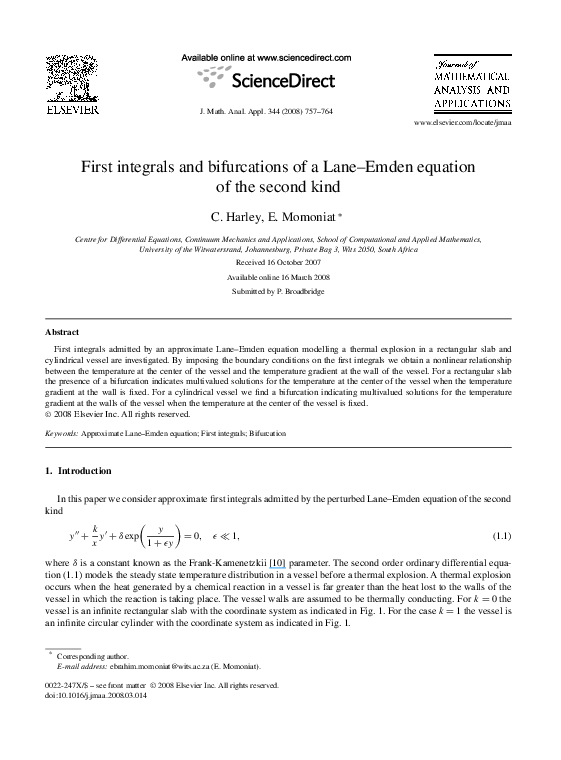 (PDF) First integrals and bifurcations of a Lane–Emden equation of the ...