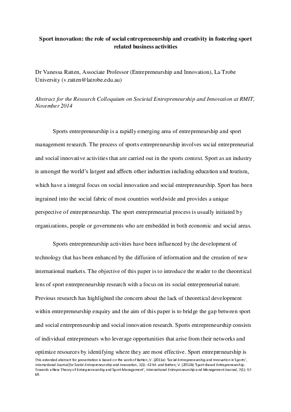 (PDF) Sport innovation the role of social entrepreneurship and ...