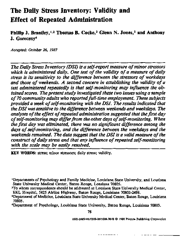 (PDF) The Daily Stress Inventory: Validity and effect of repeated ...