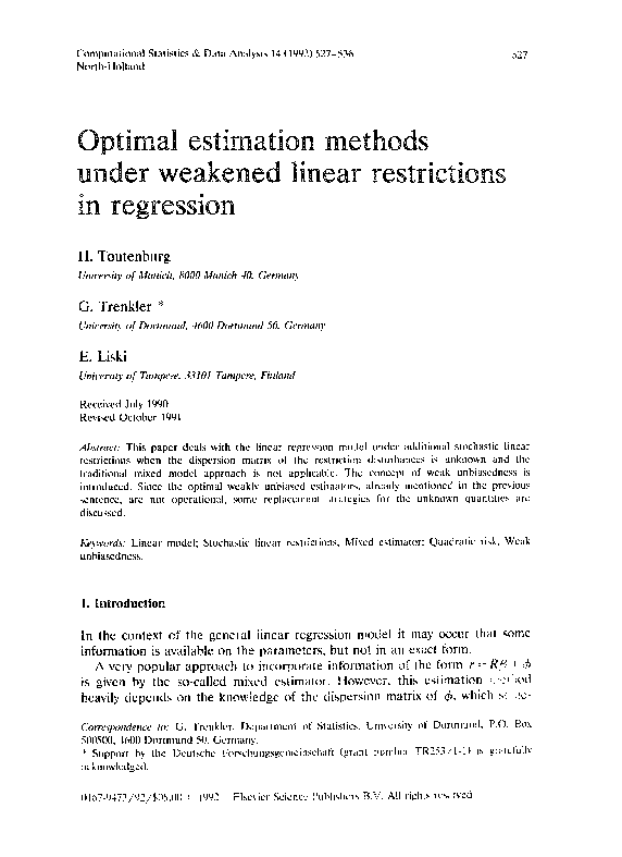 Pdf Optimal Estimation Methods Under Weakened Linear Restrictions In Regression