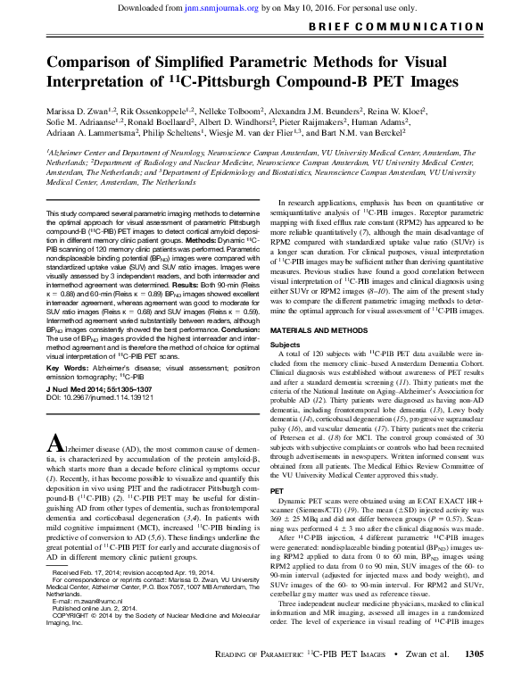 (PDF) Comparison of Simplified Parametric Methods for Visual Interpretation of 11C-Pittsburgh ...