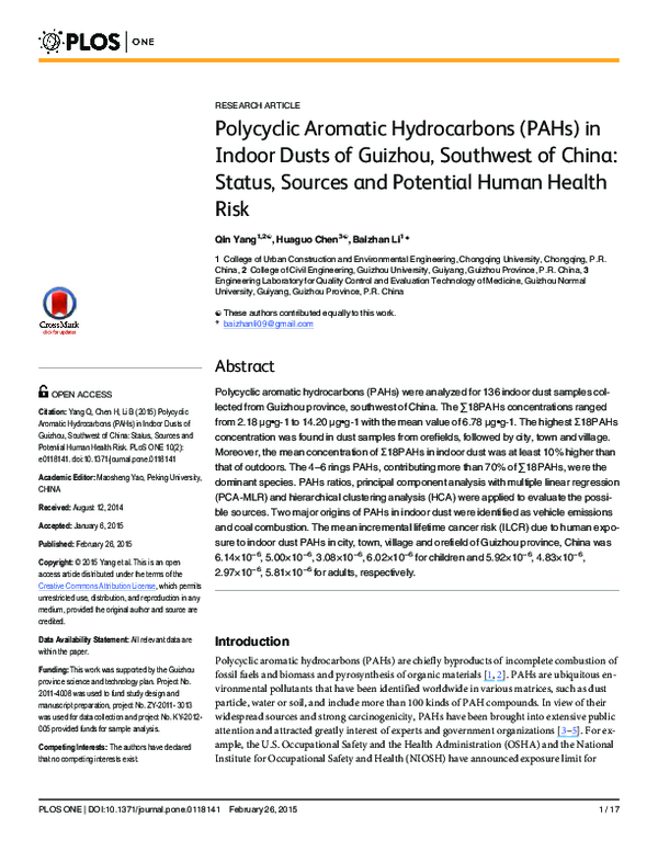 (PDF) Polycyclic Aromatic Hydrocarbons (PAHs) in Indoor Dusts of Guizhou, Southwest of China ...