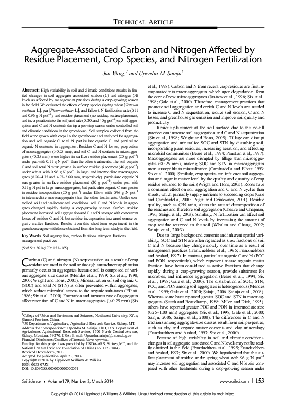 (PDF) Aggregate-Associated Carbon and Nitrogen Affected by Residue Placement, Crop Species, and ...