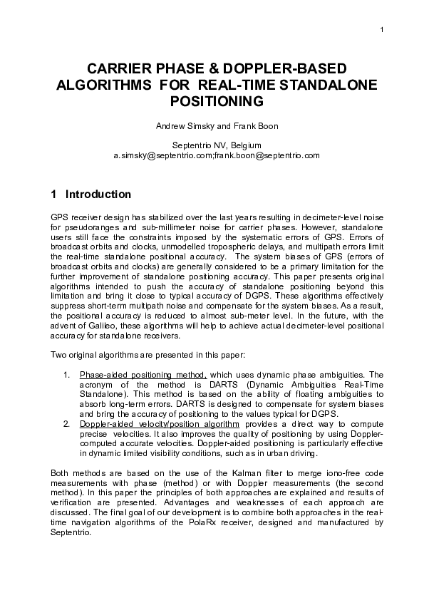 (PDF) Carrier Phase and Doppler-Based Algorithms for Real-Time Standalone Positioning