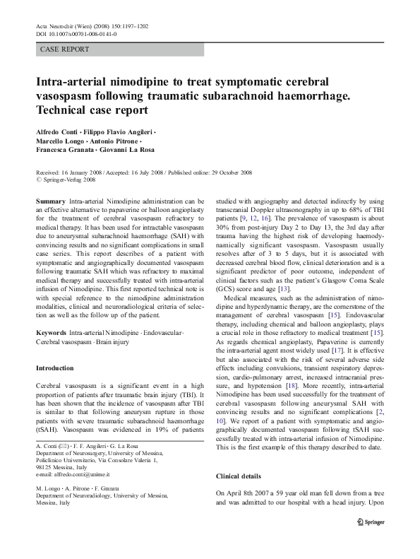 (PDF) Intra-arterial nimodipine to treat symptomatic cerebral vasospasm following traumatic ...